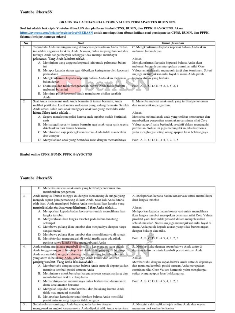 Gratis Latihan Soal Core Values BUMN 2022 Batch 2 | PDF