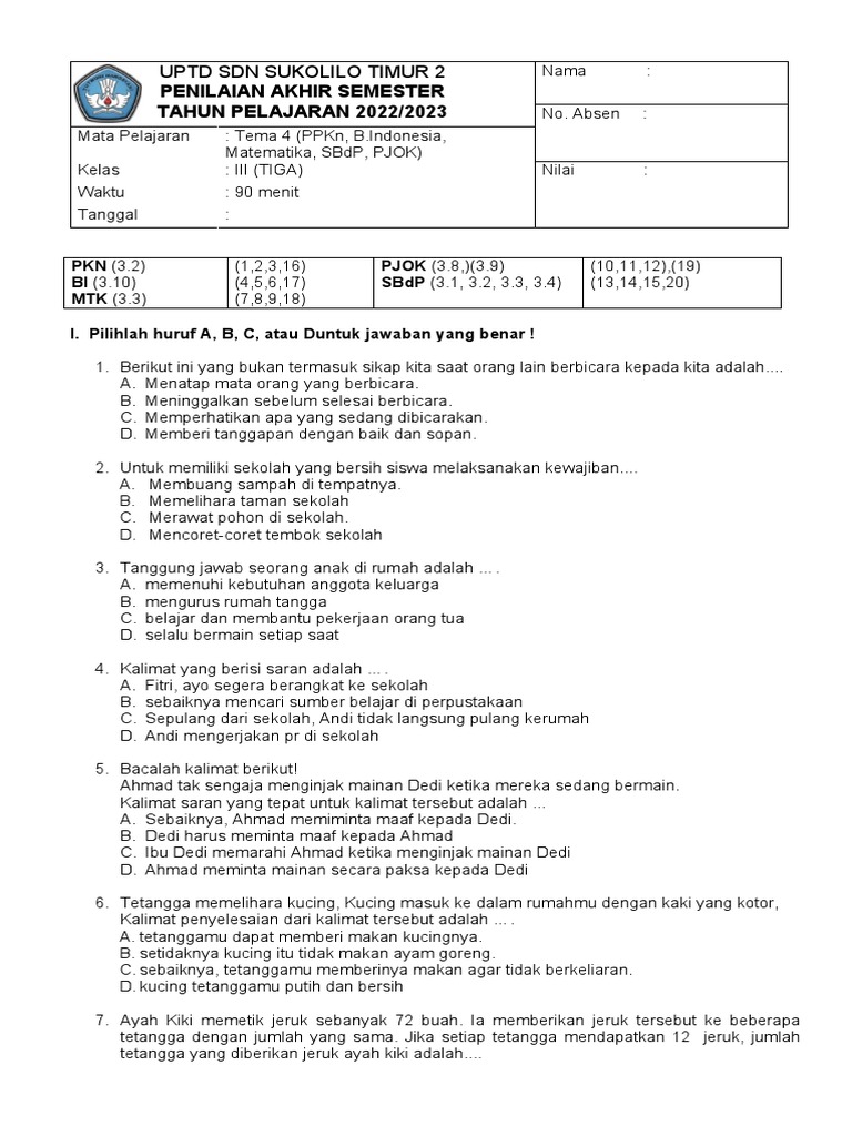 Soal Pas Kelas 3 Tema 4 | PDF