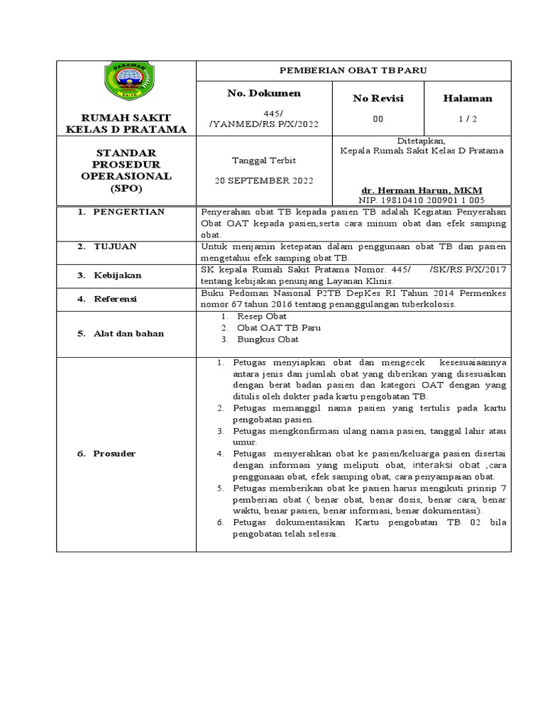 Sop Pemberian Obat TB | PDF