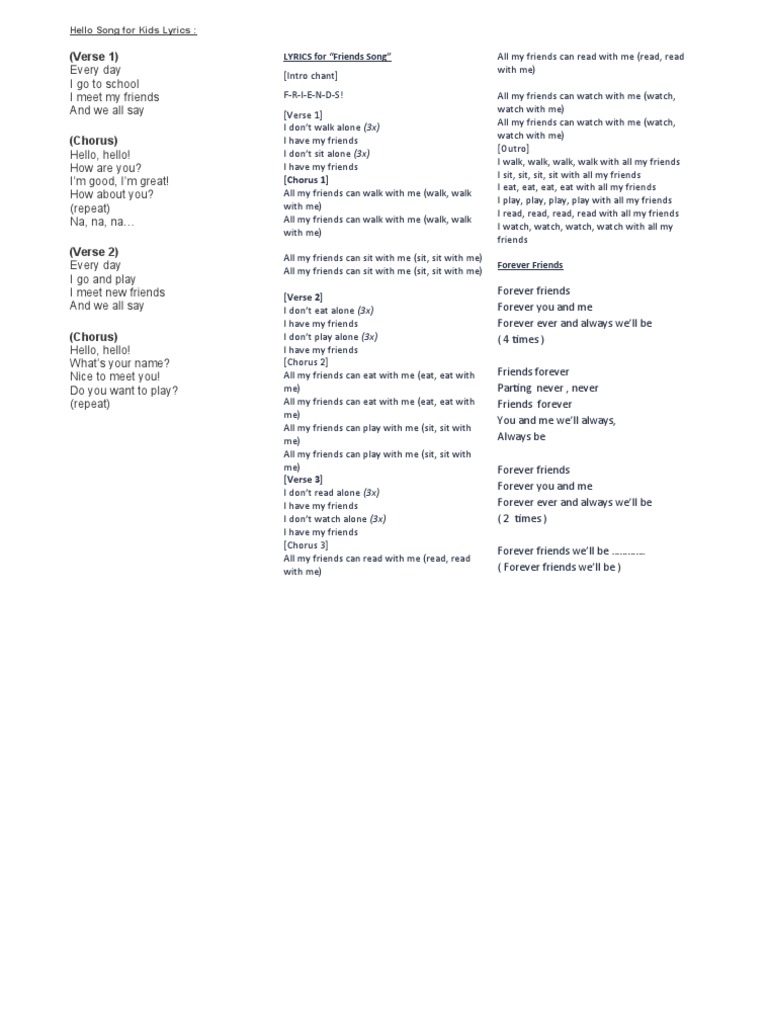 Hello Song For Kids Lyrics | PDF | Song Structure | Oral Literature