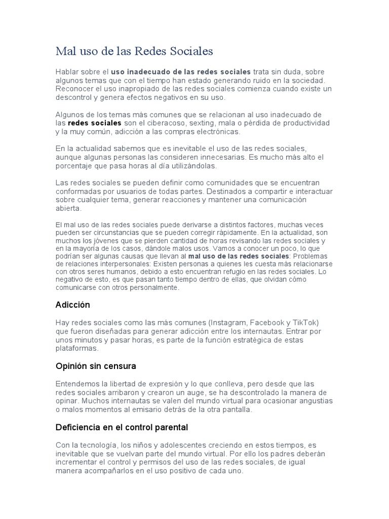 Mal Uso de Las Redes Sociales | PDF | Servicio de redes sociales | Acoso cibernético