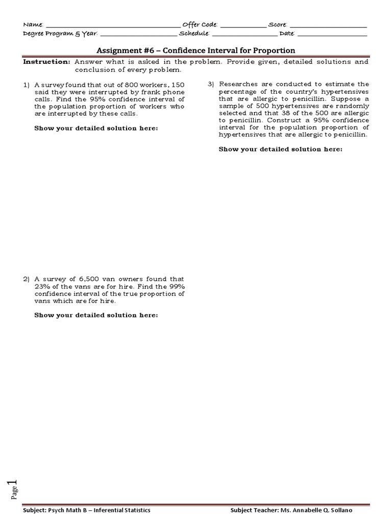 Assignment #6 - OnLINE - Confidence Intervals For Proportion | PDF Assignment #6 - OnLINE - Confidence Intervals For Proportion | PDF