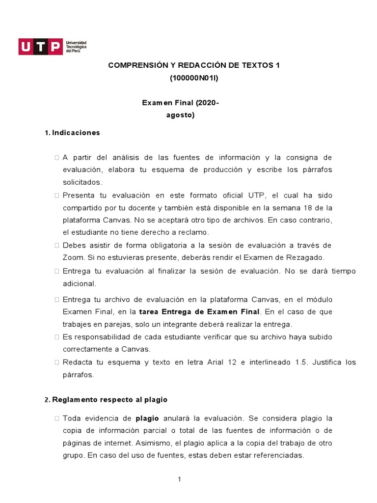 100000N01I COMPRENSIÓN Y REDACCIÓN DE TEXTOS 1-EXAMEN FINAL (Formato Oficial UTP) | PDF ...