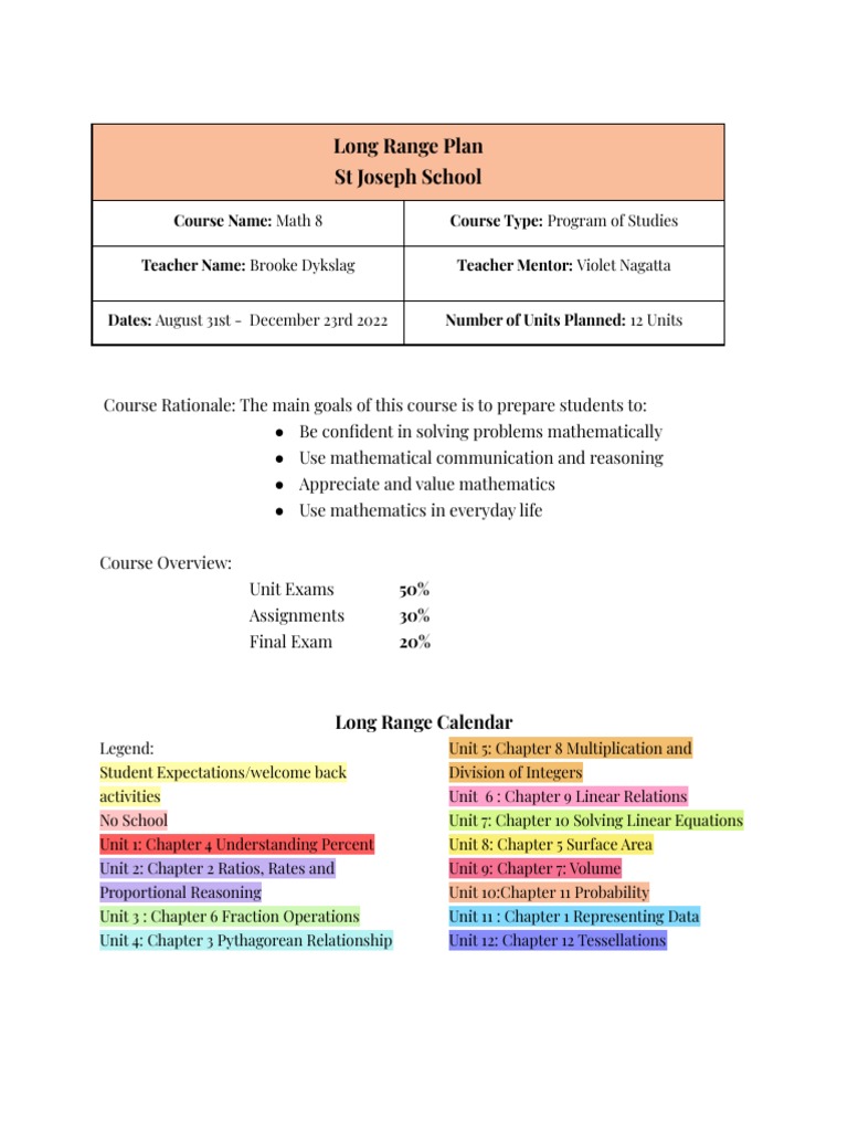 Grade 8 Long Range Plan | PDF | Ratio | Volume