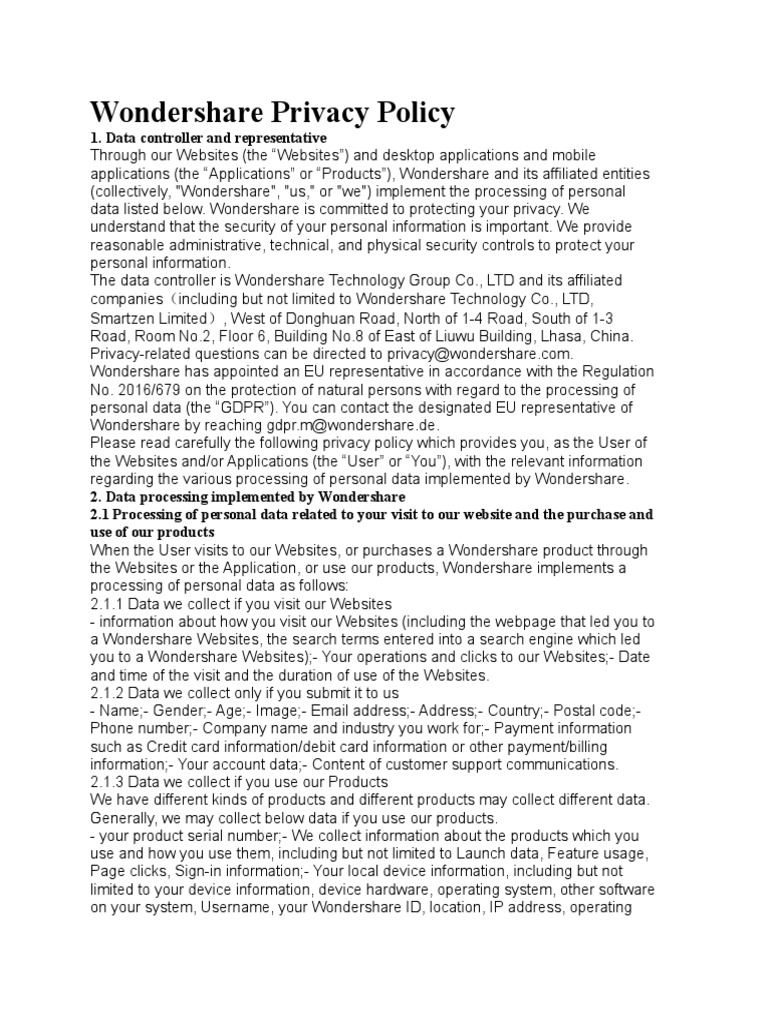 Wondershare Privacy Policy: 1. Data Controller and Representative | PDF ...