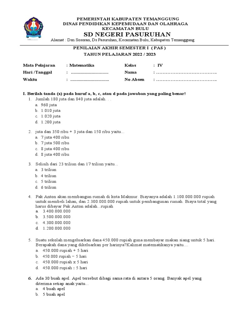 Soal Sumatif PAS MTK Kelas IV Semester 1 | PDF