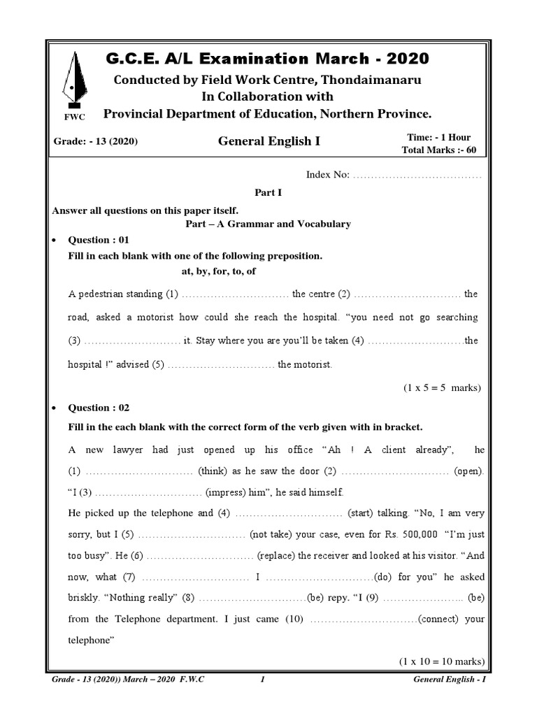 General English Paper I II 2020 Batch 5th Term FWC | PDF | Sharks | Verb