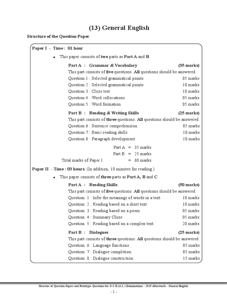 G.C.E. A/L General English Exam Structure | PDF | Question | Reading ...