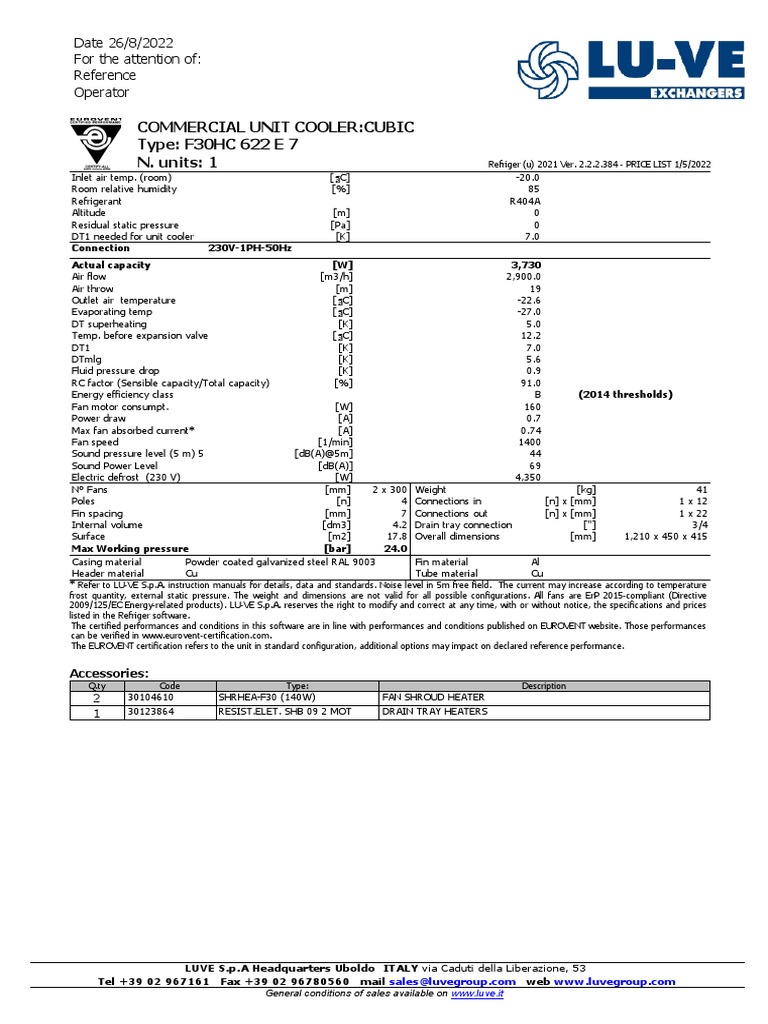 Commercial Unit Cooler:Cubic Type: F30HC 622 E 7 N. Units: 1 | PDF ...