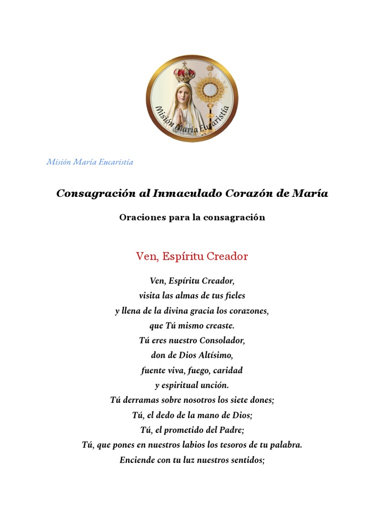 Oraciones para La Consagración Al Inmaculado Corazón de María | PDF ...