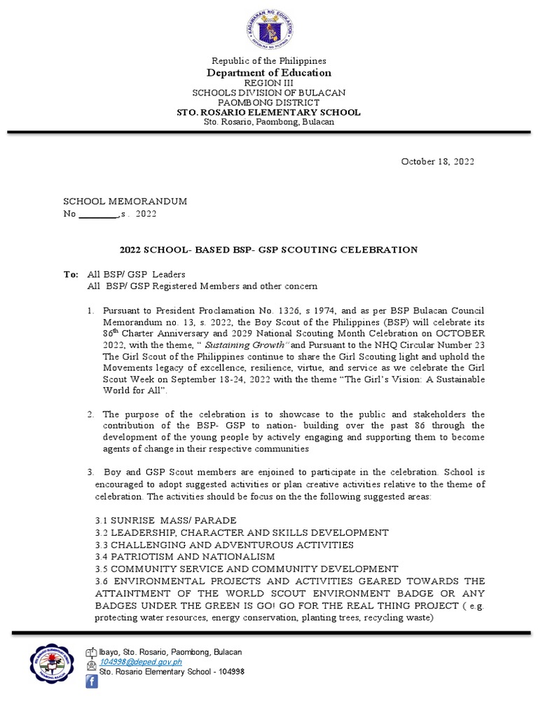School Memo On BSP GSP Activities | PDF | Scouting