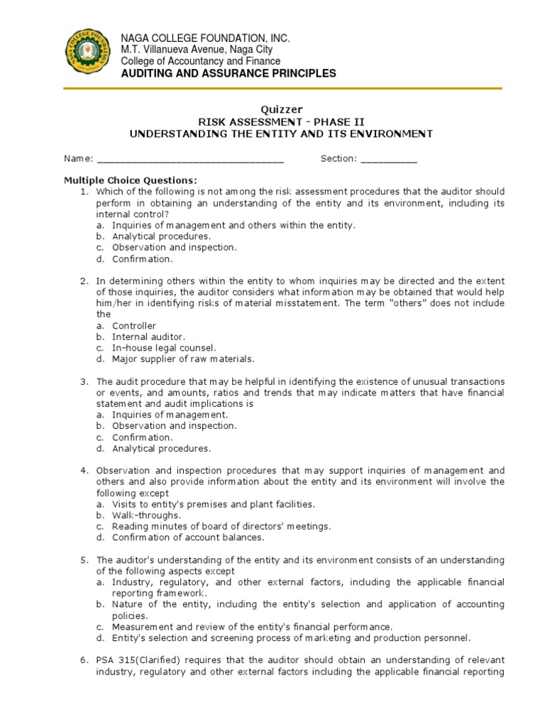 Activity - Risk Assessment Part II - Understanding The Entity & Its Environment | Download Free ...