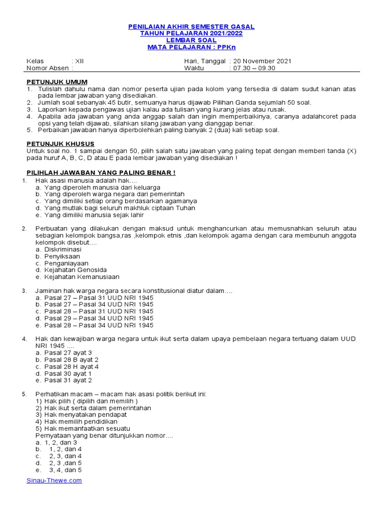 Soal PAS Semester 1 Kelas 12 PPKN Tahun 2021 | PDF