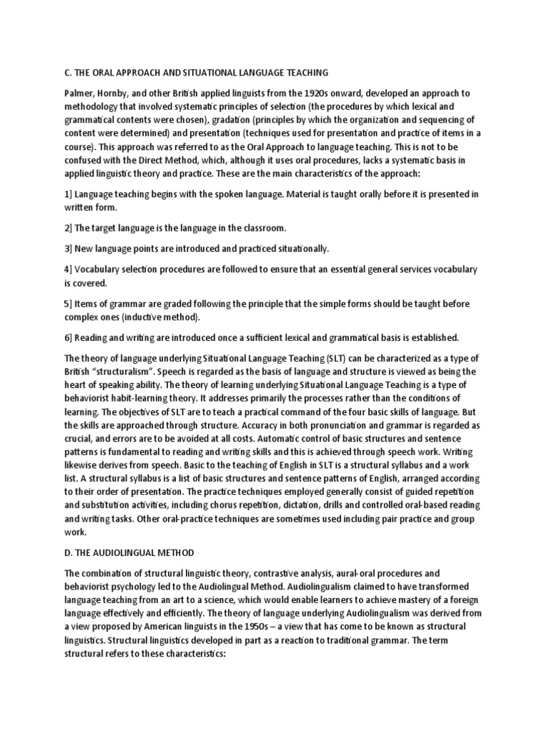 C. The Oral Approach and SLT D. The Audiolingual Method | PDF ...