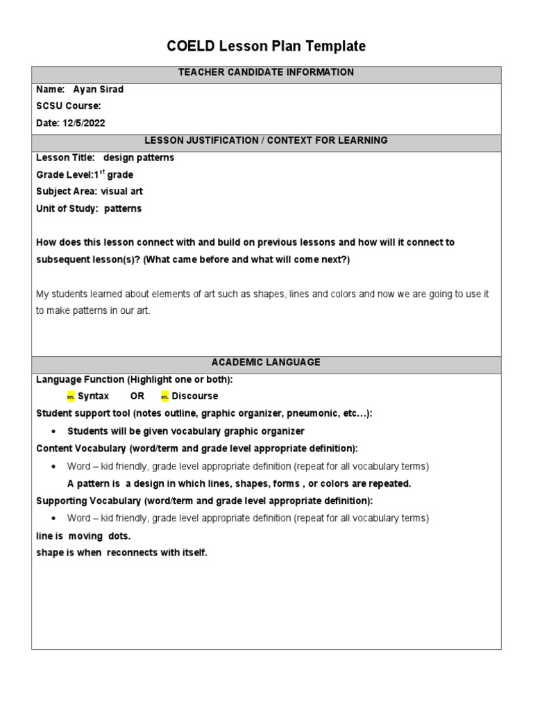 Coeld Lesson Plan Template | PDF | Vocabulary | Lesson Plan