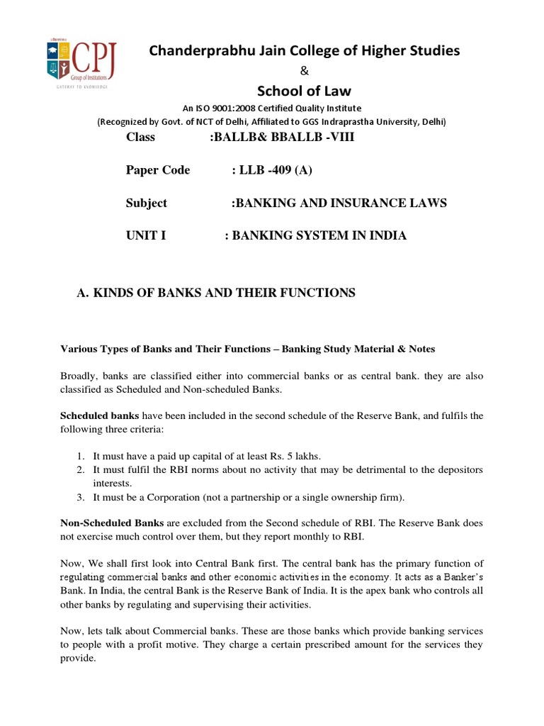 Banking and Insurance Law Notes | PDF | Banks | Reserve Bank Of India