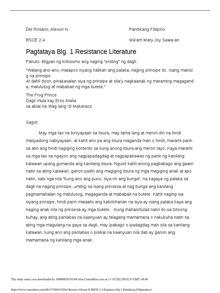 Del Rosario Alexon N. BSCE 2 4 Pagtataya BLG 1. Panitikang Filipino | PDF