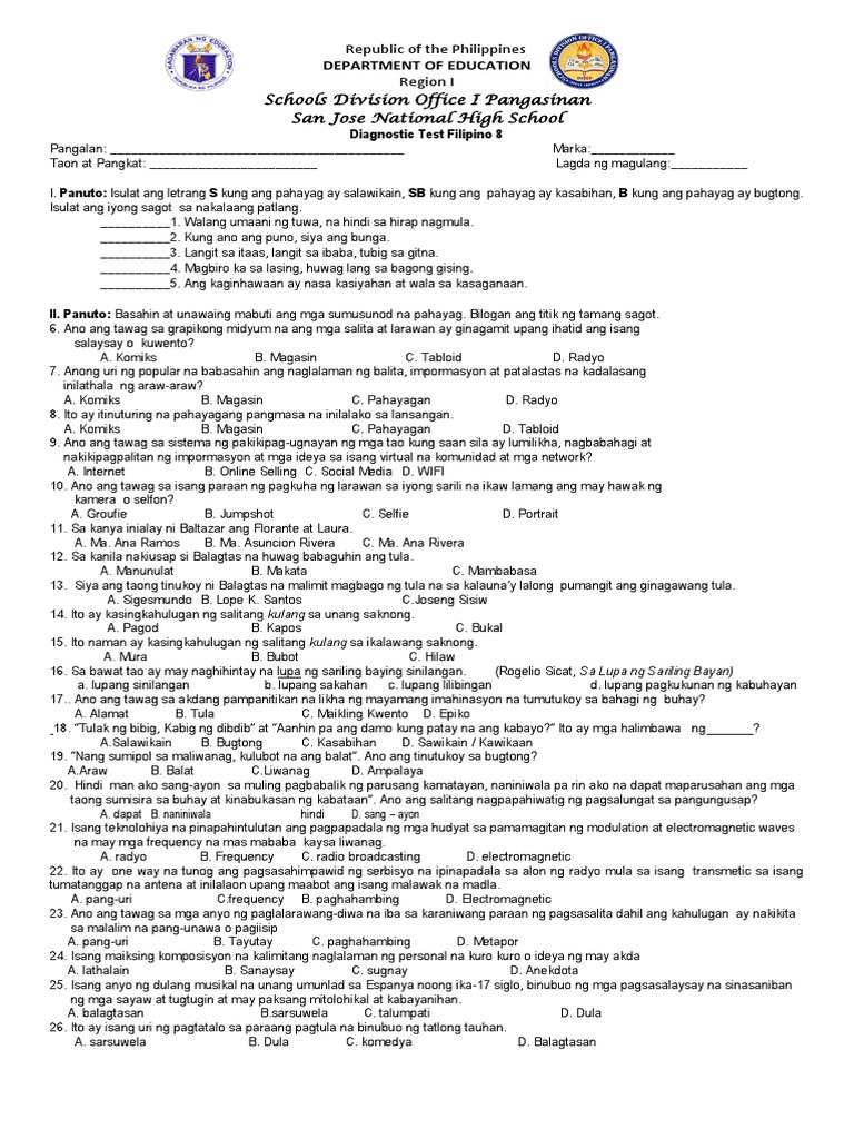 Diagnostic Test Filipino 8 | PDF