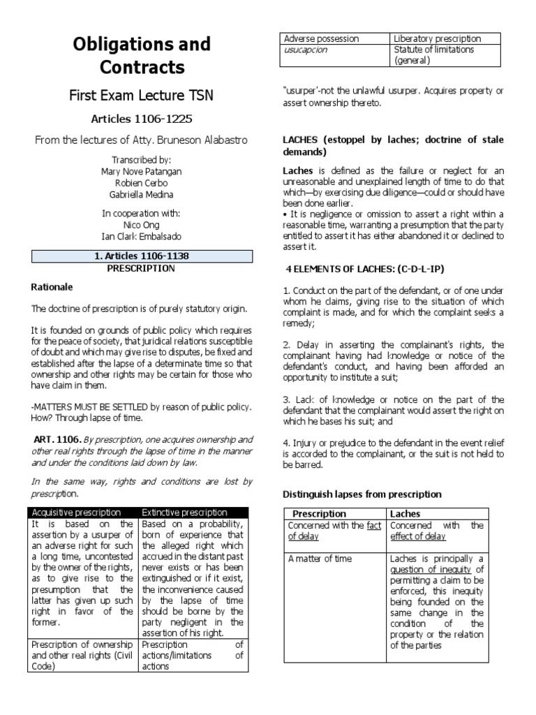 OBLICON FIRST EXAM LECTURE TSN Articles 1106-1225 | PDF | Laches ...