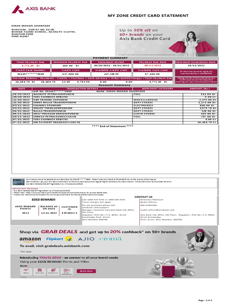 Axis Bank Credit Card Statement Summary | PDF | Credit Card | Business