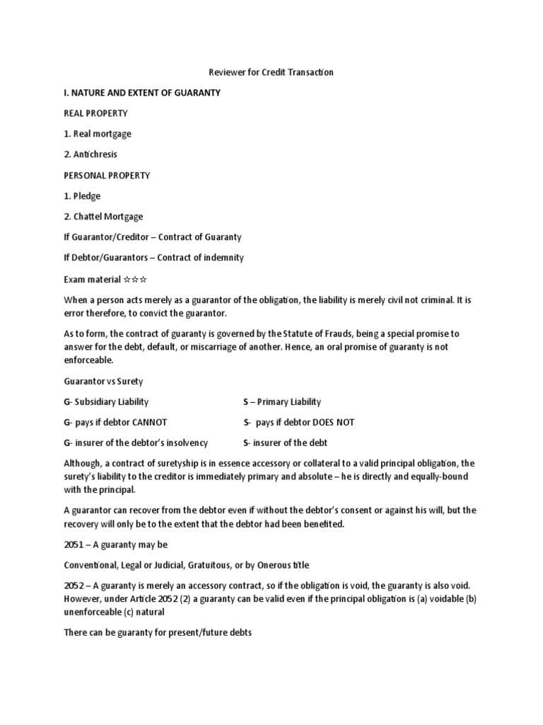 Reviewer For Credit Transaction | PDF | Guarantee | Mortgage Law