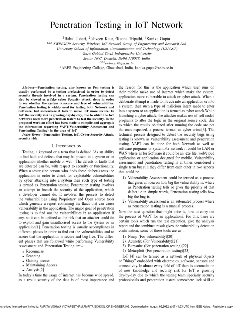1 Penetration Testing In Iot Network Pdf Penetration Test Computer Security