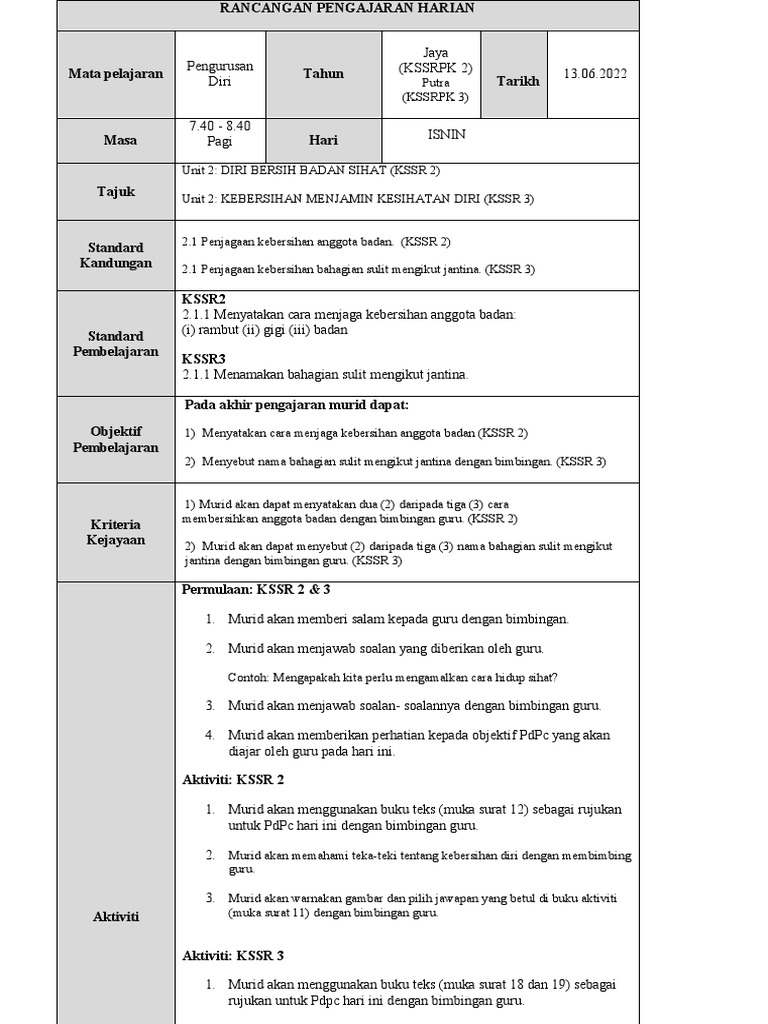 Pengurusan Diri Lesson Plan KSSR 2&3 (13 JUNE 2022) | PDF