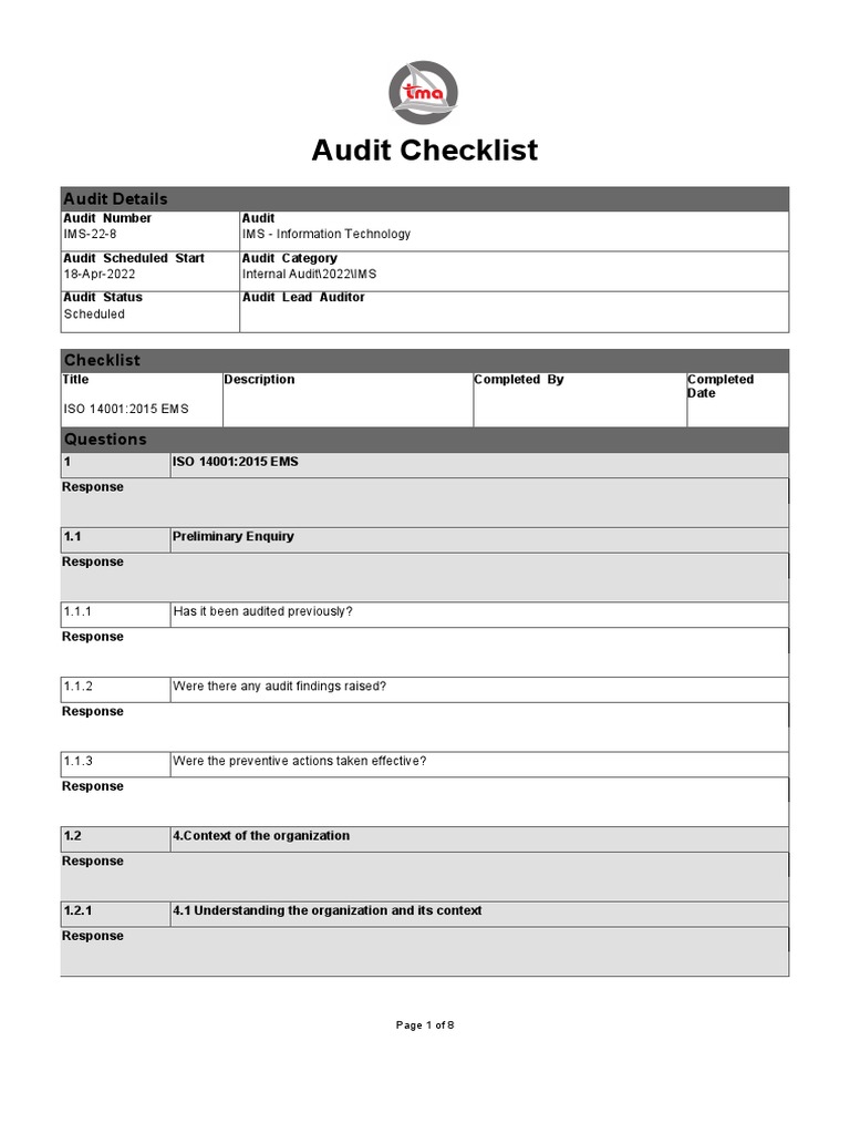 Audit Checklist - EMS | PDF | Audit | Internal Audit