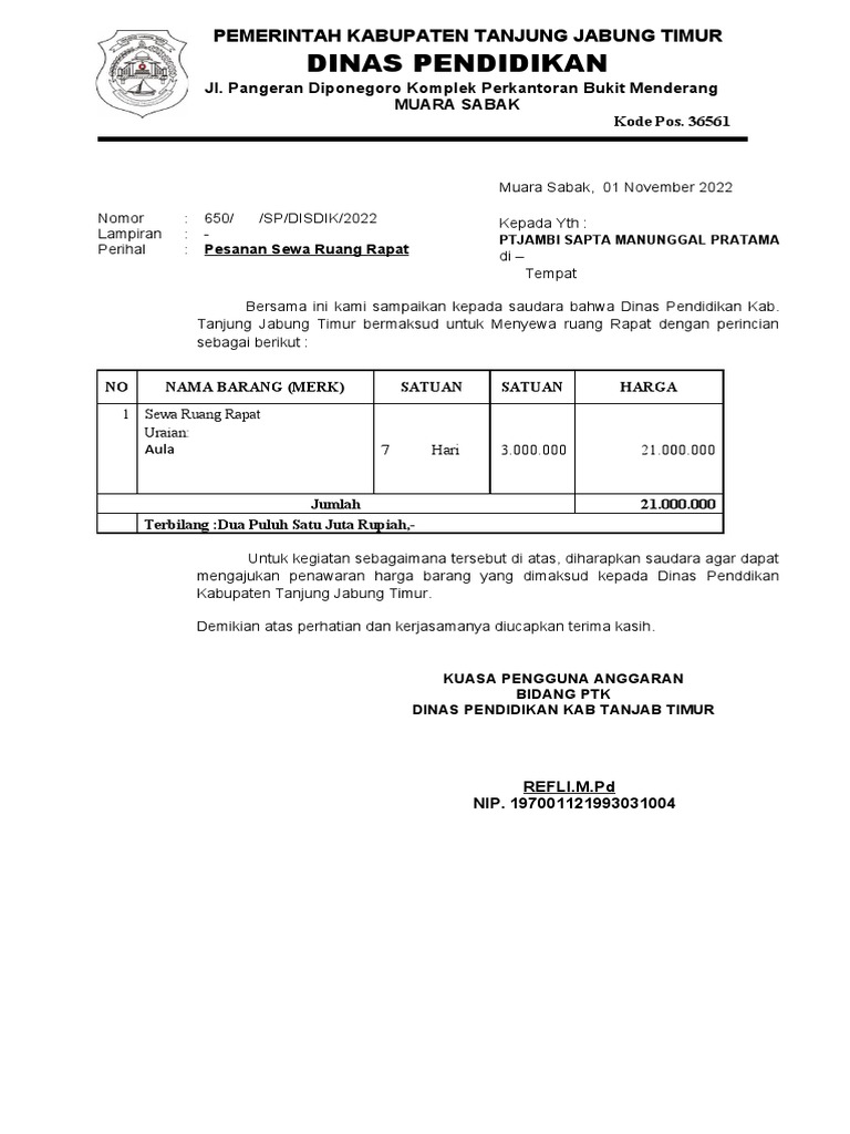 Order Sewa Ruang Aula Ratu 2022 | PDF