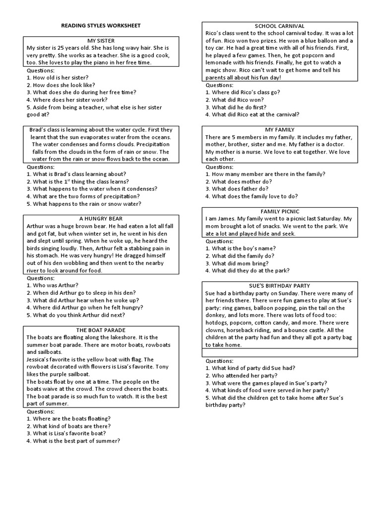 Activity Sheets Reading Styles | PDF