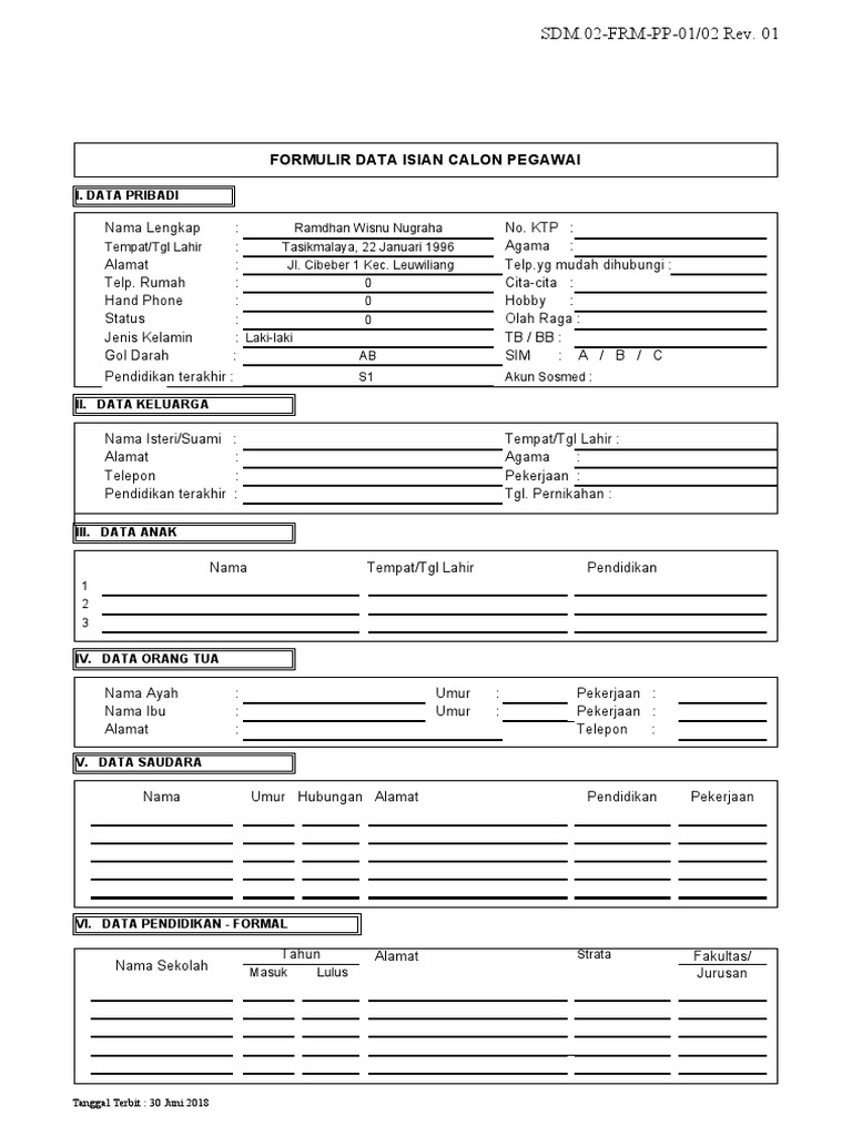 2.formulir Data Isian Calon Pegawai | PDF