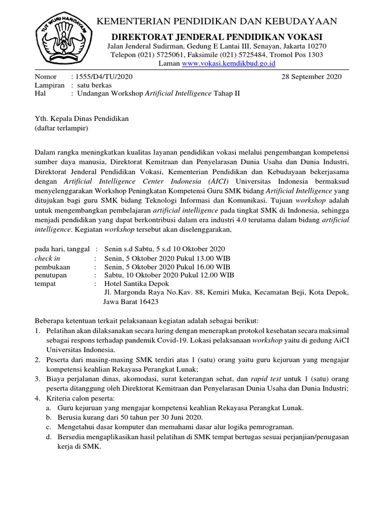 1555.D4.TU.2020 - Undangan Workshop AI Tahap II | PDF