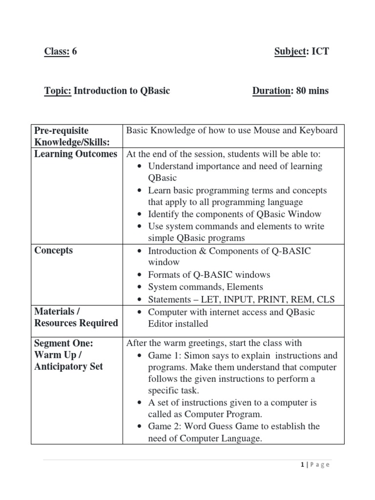 QBasic Lesson Plan | PDF