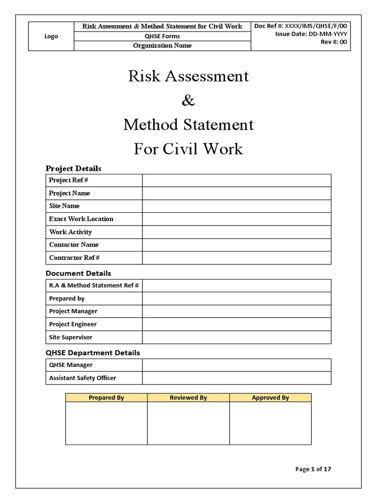 Risk Assessment and Method Statement For Civil Work | PDF ...