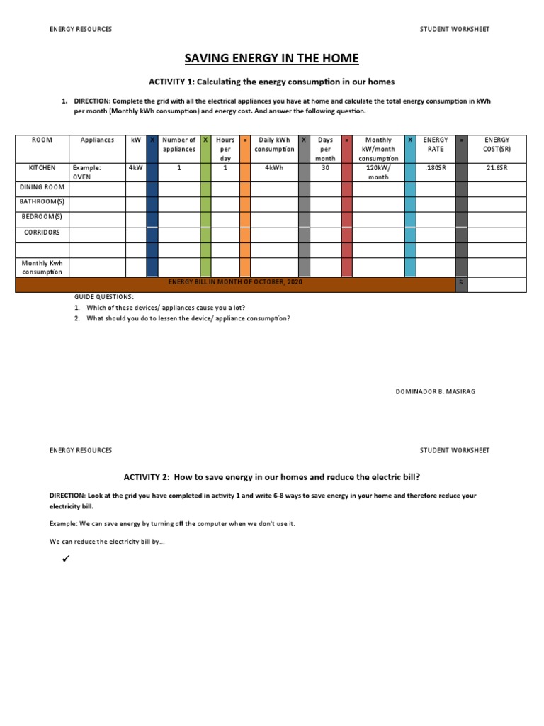 Saving Energy Worksheet | PDF