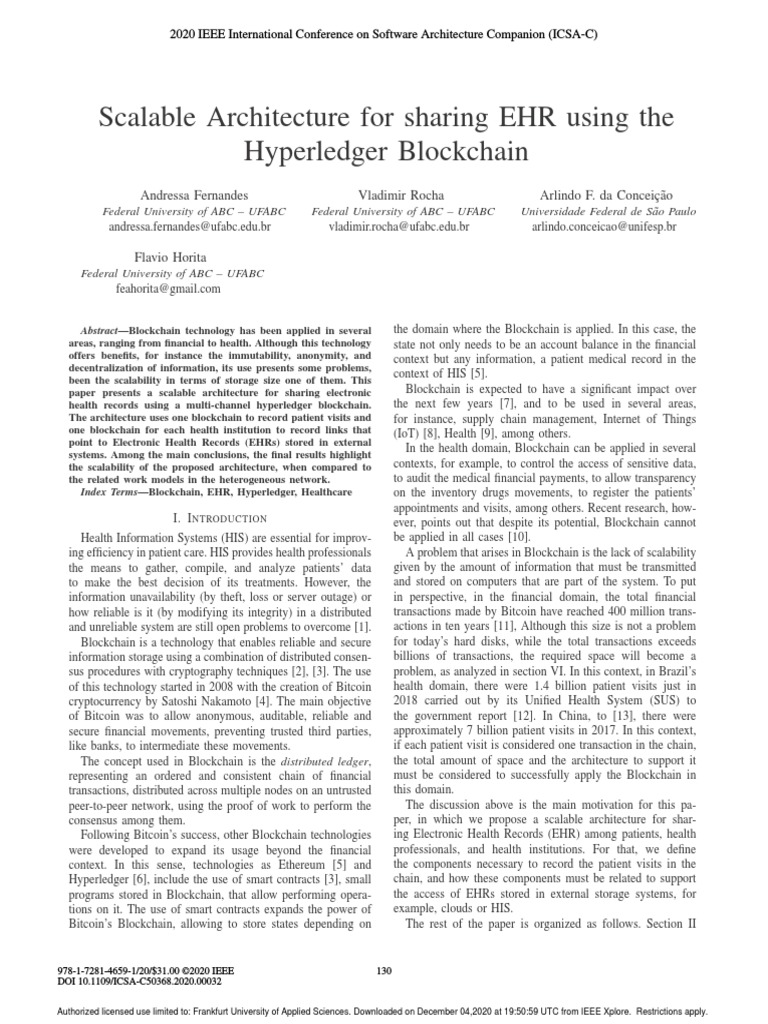 Scalable Architecture For Sharing EHR Using The Hyperledger Blockchain | PDF | Peer To Peer ...