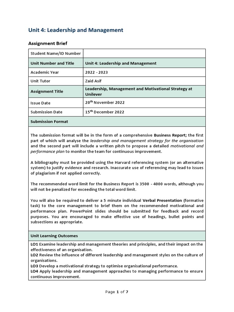 Unit 4 Leadership and Management Assignment Brief 2022-23 | PDF | Leadership | Organizational ...