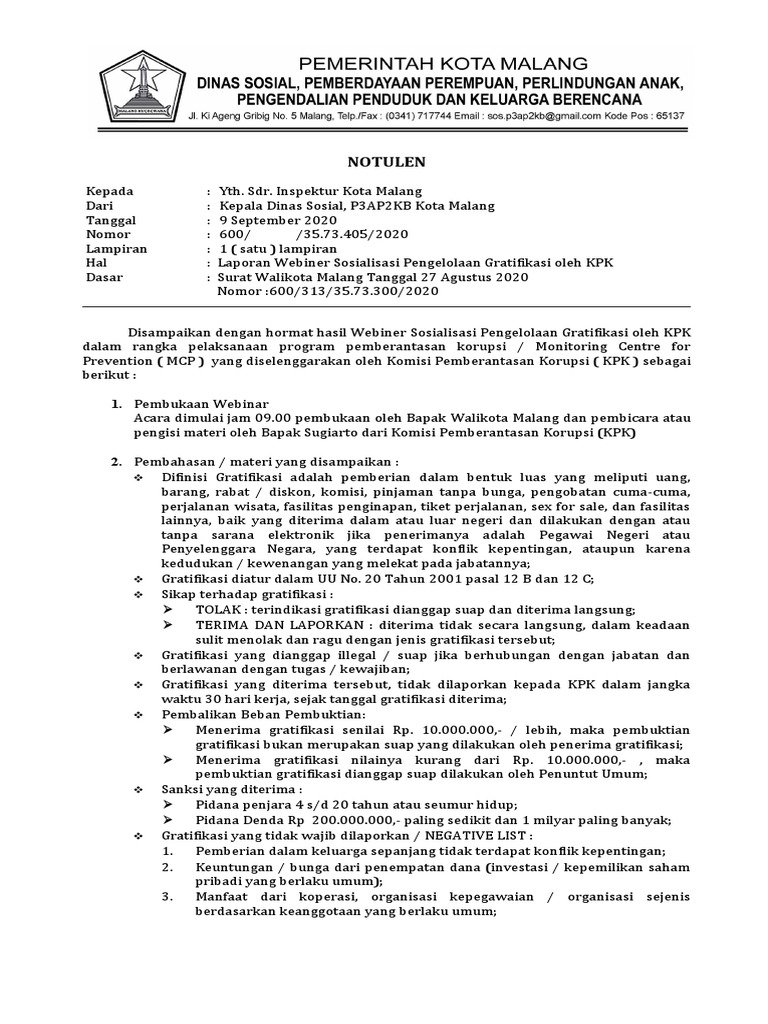 Notulen Sosialisasi Gratifikasi KPK | PDF