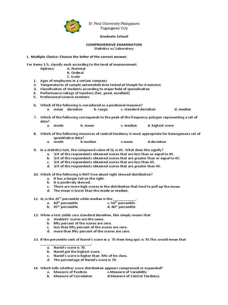 Comprehensive Exams Statistics With Lab 2017 Pdf Level Of Measurement Mode Statistics