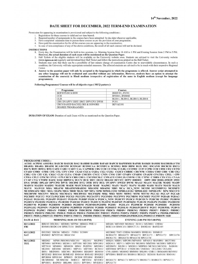 IGNOU Date Sheet Dec 2022 Updated On 14th Nov 2022 | PDF