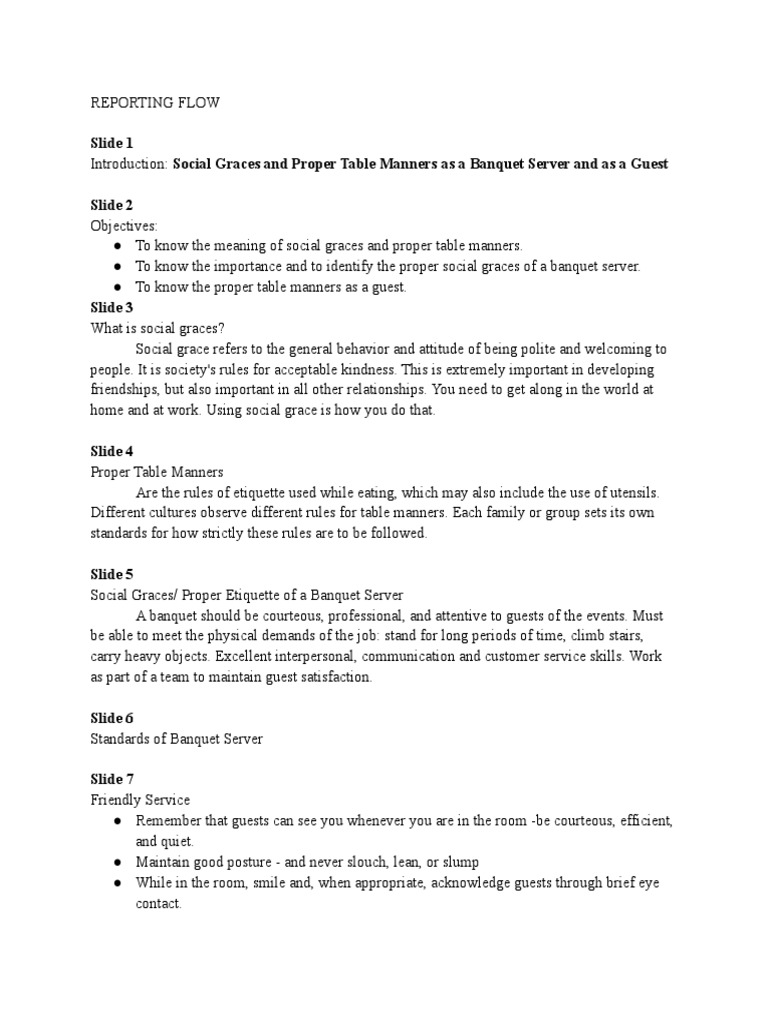 REPORTING FLOW Social Graces and Proper Table Manners As A Banquet ...