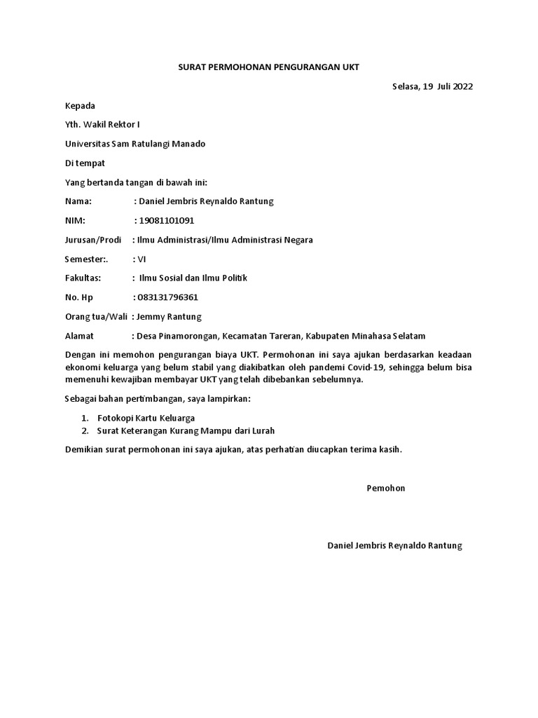 Surat Permohonan Penurunan UKT 01 | PDF