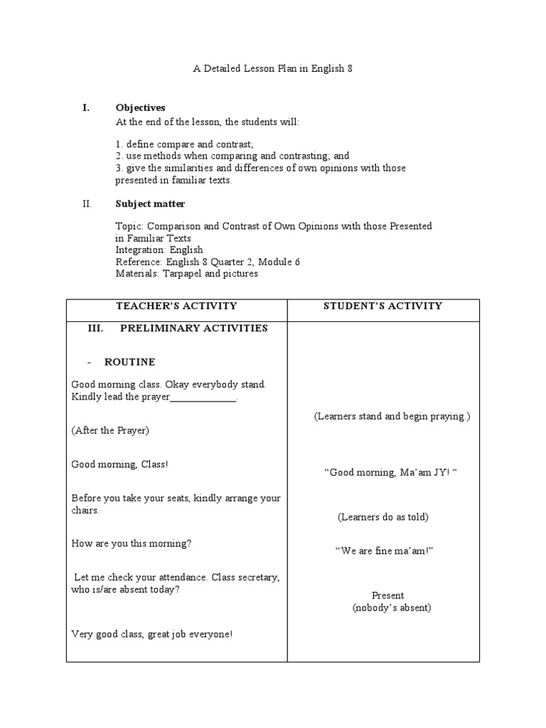 Compare and Contrast Lesson Plan | PDF | Opinion | English Language