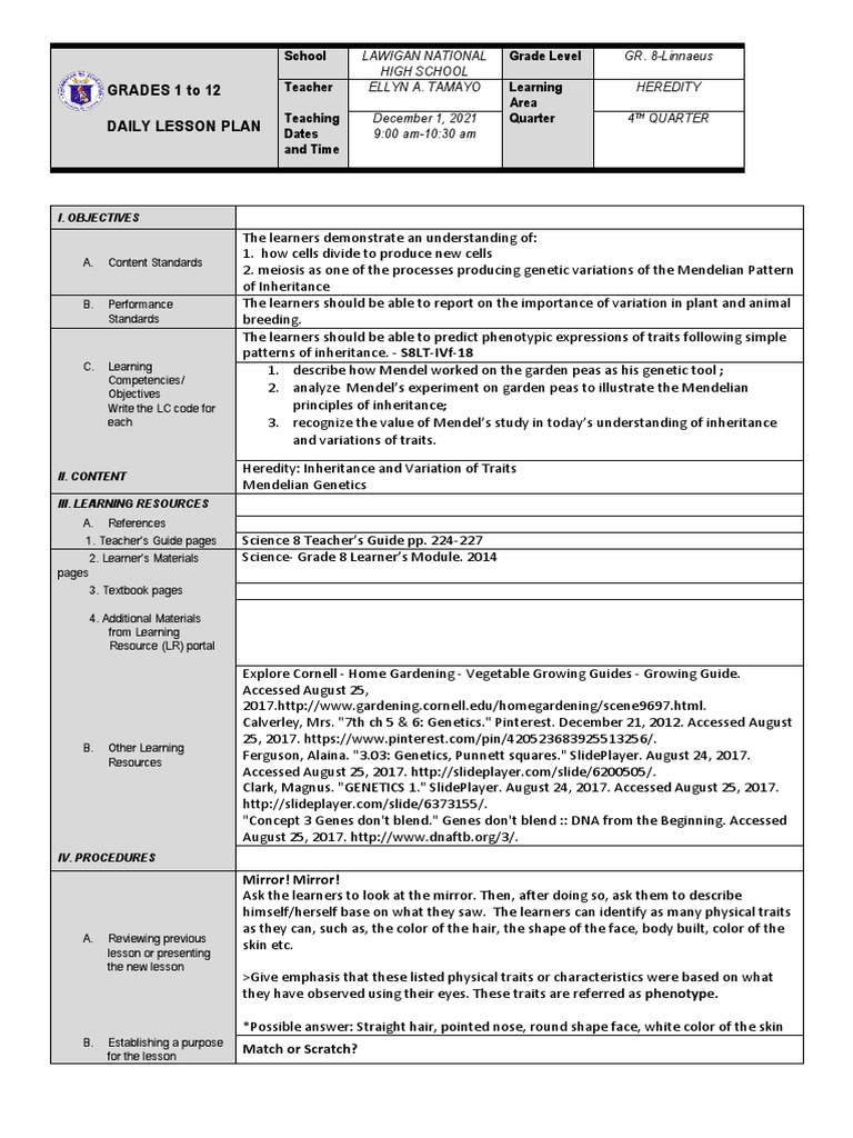 Lesson Plan 1 | PDF | Heredity | Biology Lesson Plan 1 | PDF | Heredity | Biology