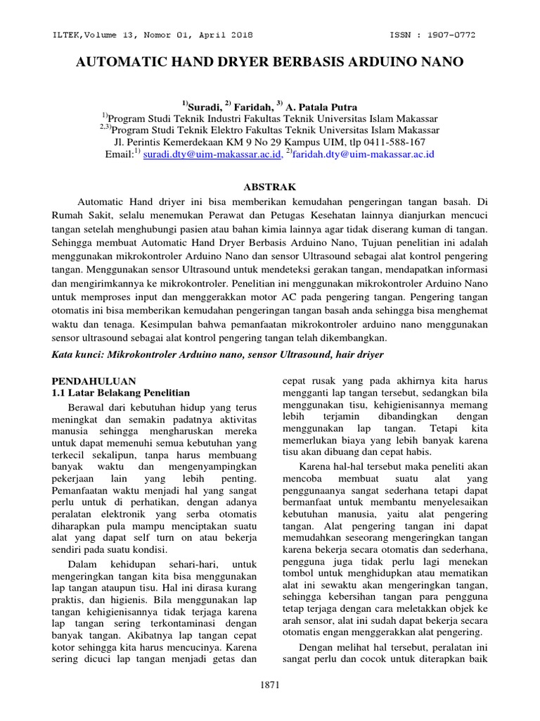 Automatic Hand Dryer Berbasis Arduino Nano | PDF