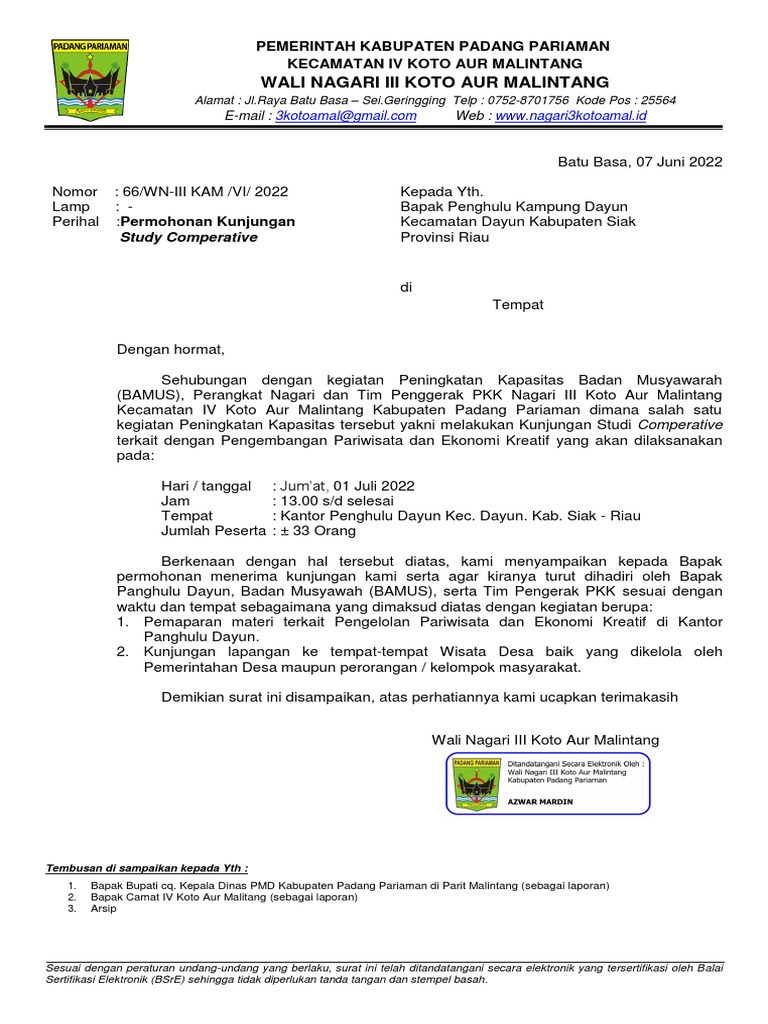 SURAT Kunjungan Study Comparative 2022 v1 - Sign | PDF