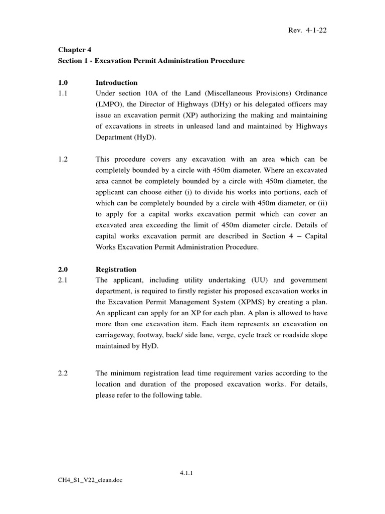 Section 1 - Excavation Permit Administration Procedure: 4.1.1 CH4 - S1 ...