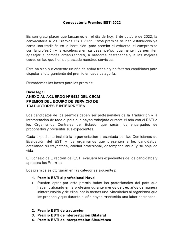 Convocatoria Premios ESTI 2022 | PDF