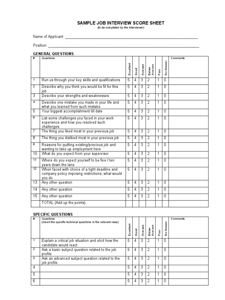 Job Interview Score Sheet | PDF | Job Interview | Cognitive Science