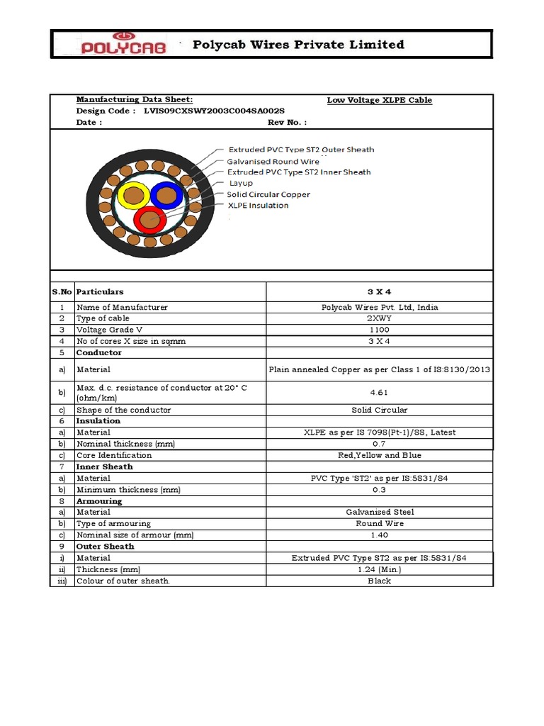 Polycab 2XWY XLPE Cable Data Sheet | PDF | Electrical Resistivity And ...